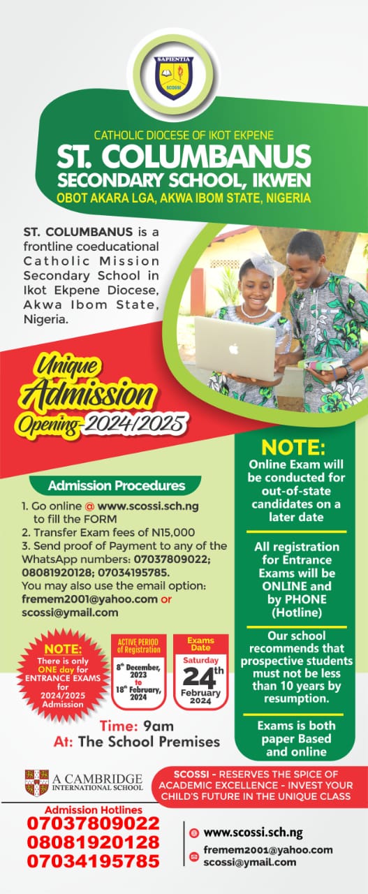 Admission for 2024/2025 session is on at St. Columbanus Secondary School, Ikwen – NIGERIA ...
