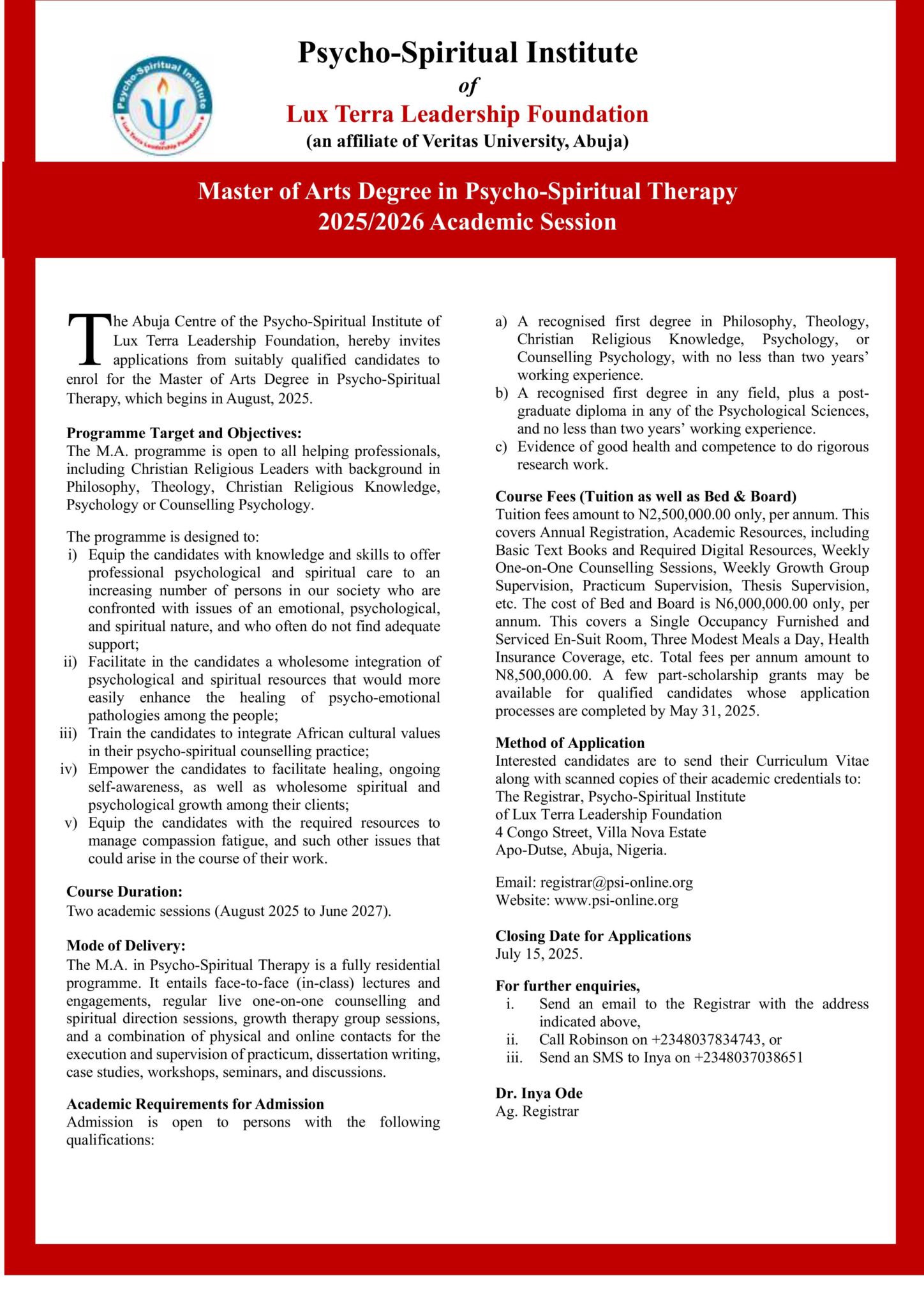 ADMISSION IN PROGRESS FOR PSYCHO SPIRITUAL INSTITUTE OF LUX TERRA LEADERSHIP FOUNDATION. Apply ...