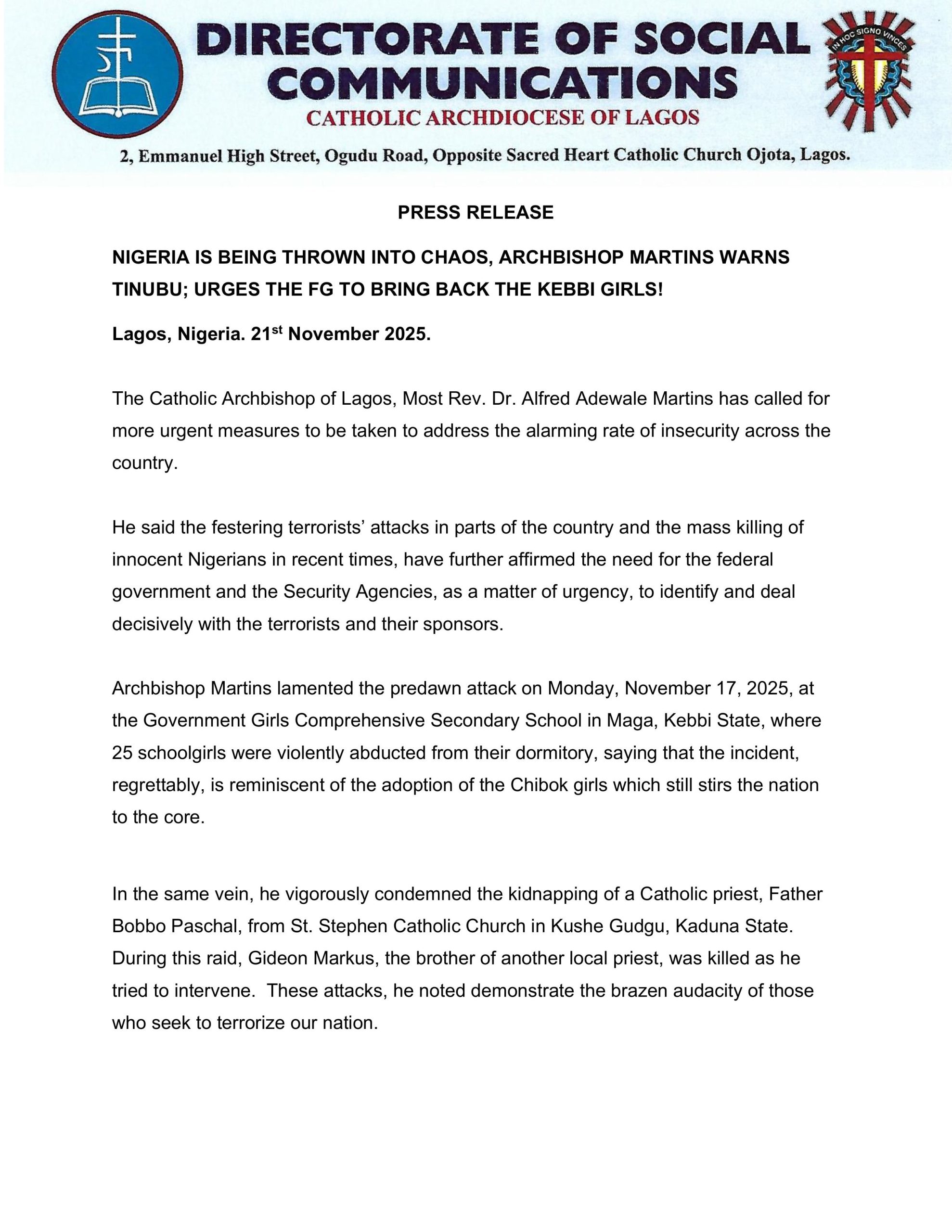 PRESS RELEASE: NIGERIA IS BEING THROWN INTO CHAOS, ARCHBISHOP MARTINS WARNS TINUBU; URGES THE FG ...